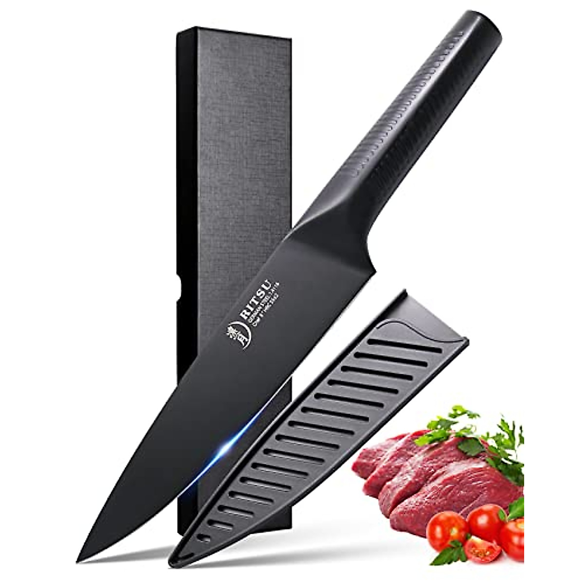 RITSU Chef Knife - 8" Chef's Knife, Black Titanium Coated Blade Japanese Chef Knife for Home Kitchen Restaurant, SUS430 Stainless Steel Handle, Ultra Sharp Kitchen Knife with Sheath