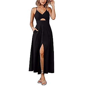 BTFBM Women 2023 Summer Spaghetti Strap Dress Sleeveless V Neck Cutout Slit Casual Beach Party Maxi Dresses with Pockets(Solid Black, X-Large)