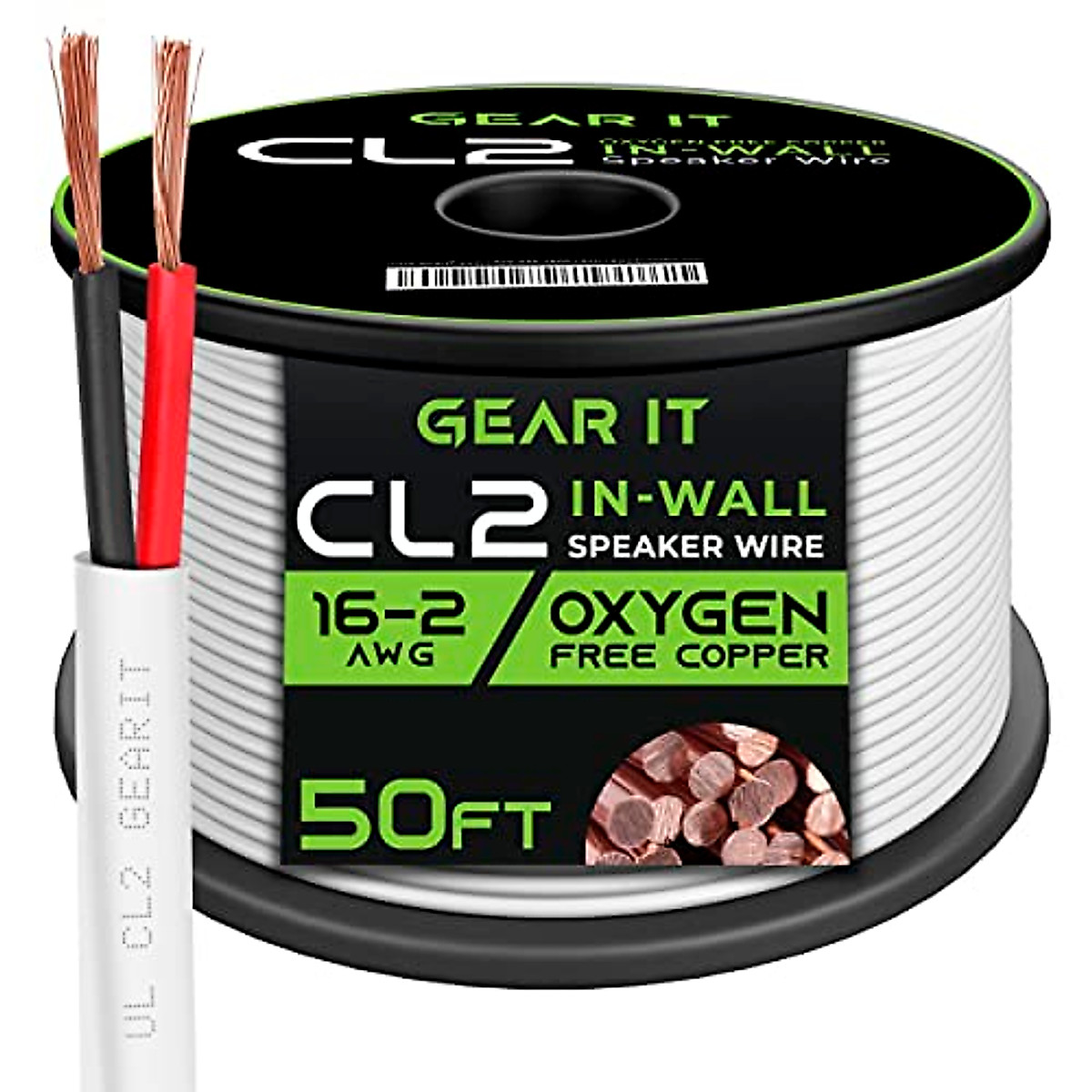 GearIT 16/2 Speaker Wire (50 Feet) 16AWG Gauge - in Wall Audio Speaker Wire Cable / CL2 Rated / 2 Conductors - OFC Oxygen-Free Copper, White 50ft