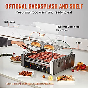 VEVOR Hot Dog Roller, 11 Rollers 30 Hot Dogs Capacity, 1650W Stainless Sausage Grill Cooker Machine with Dual Temp Control Glass Hood Acrylic Cover Bun Warmer Shelf Removable Drip Tray, ETL Certified