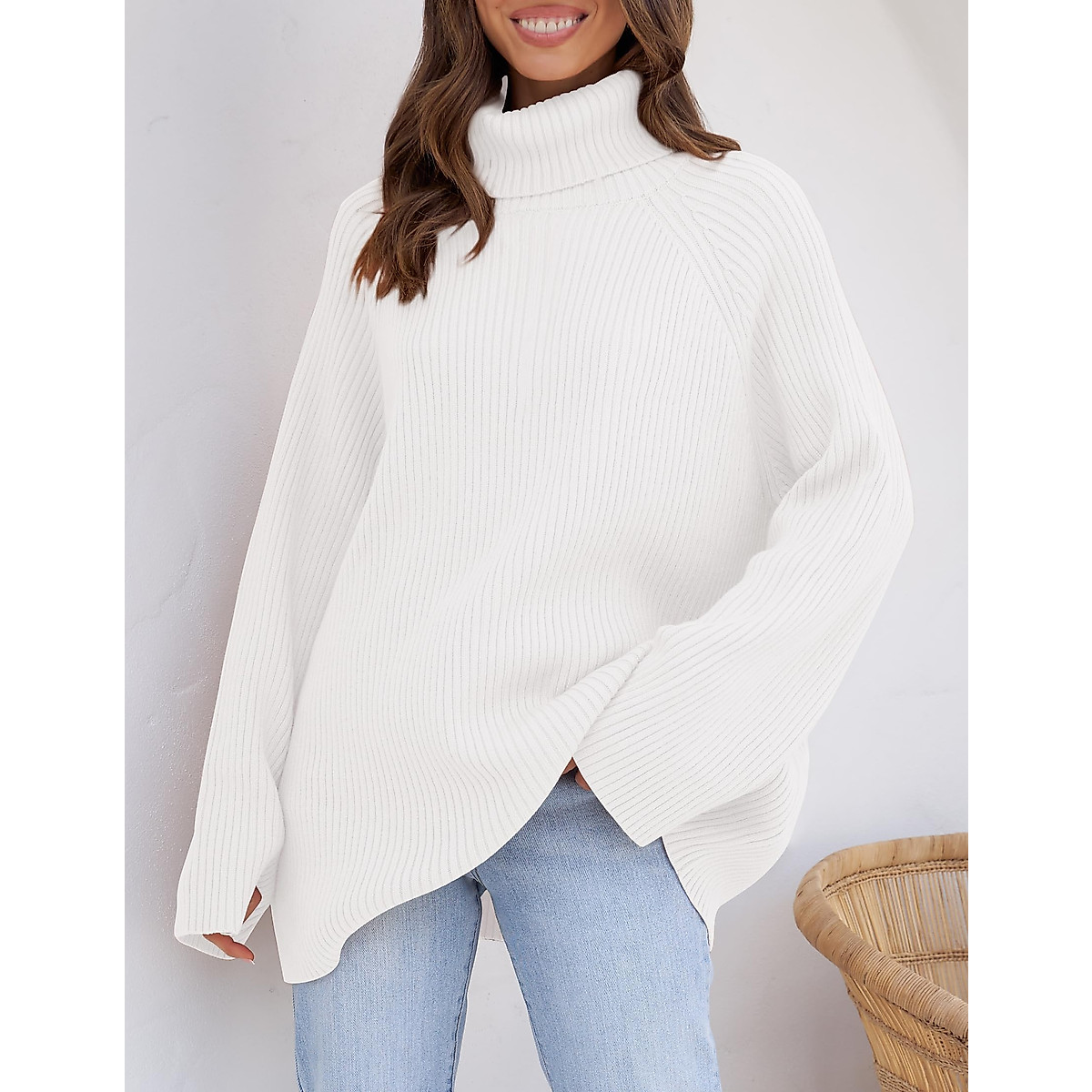 ZESICA Women's Winter Sweaters Oversized Turtleneck Long Sleeve Chunky Knitted Pullover Sweater Jumper Tops,White,Medium