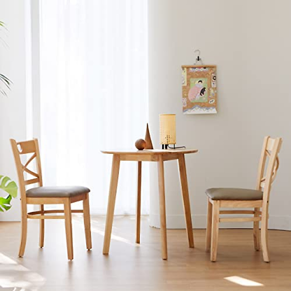 Livinia Heart X-Back Dining Chair Set of 2, Solid Malaysian Oak PU Leather Upholstered Cushion Seat Wooden Cross Back Side Chairs (Natural-Oak)