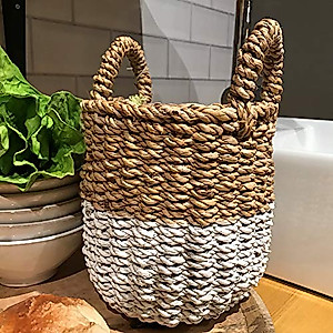 Plastic Lined Seagrass Baskets, Set of 3, Paint Dipped in Coastal White, Chunky Weave, Rustic, Natural, Barrel Belly, Top Handles, 10.25, 11, and 12.25 Inches T