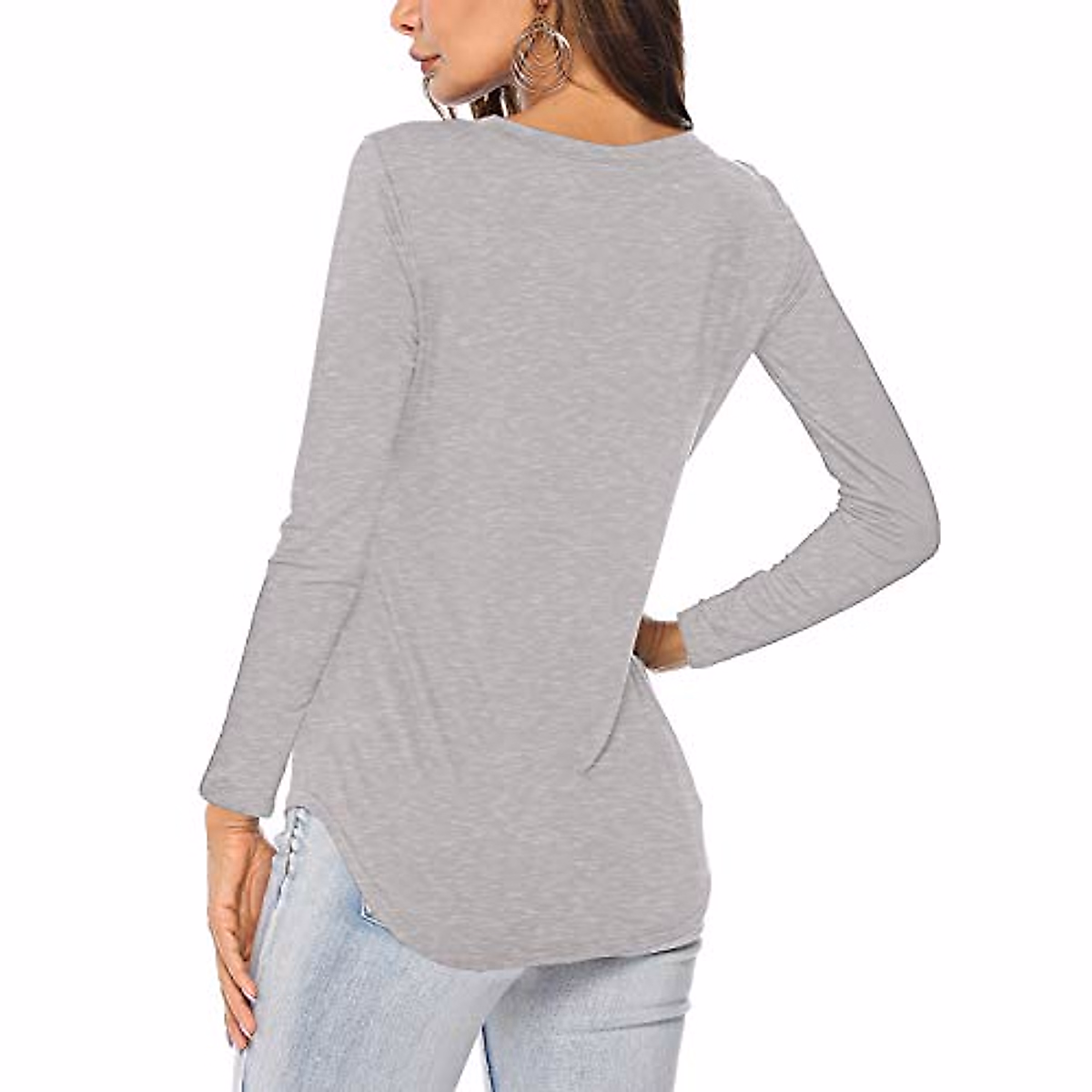 Amoretu Women Pullover T Shirts Long Sleeve Solid Color V Neck Tee Tops(Gray,XL)