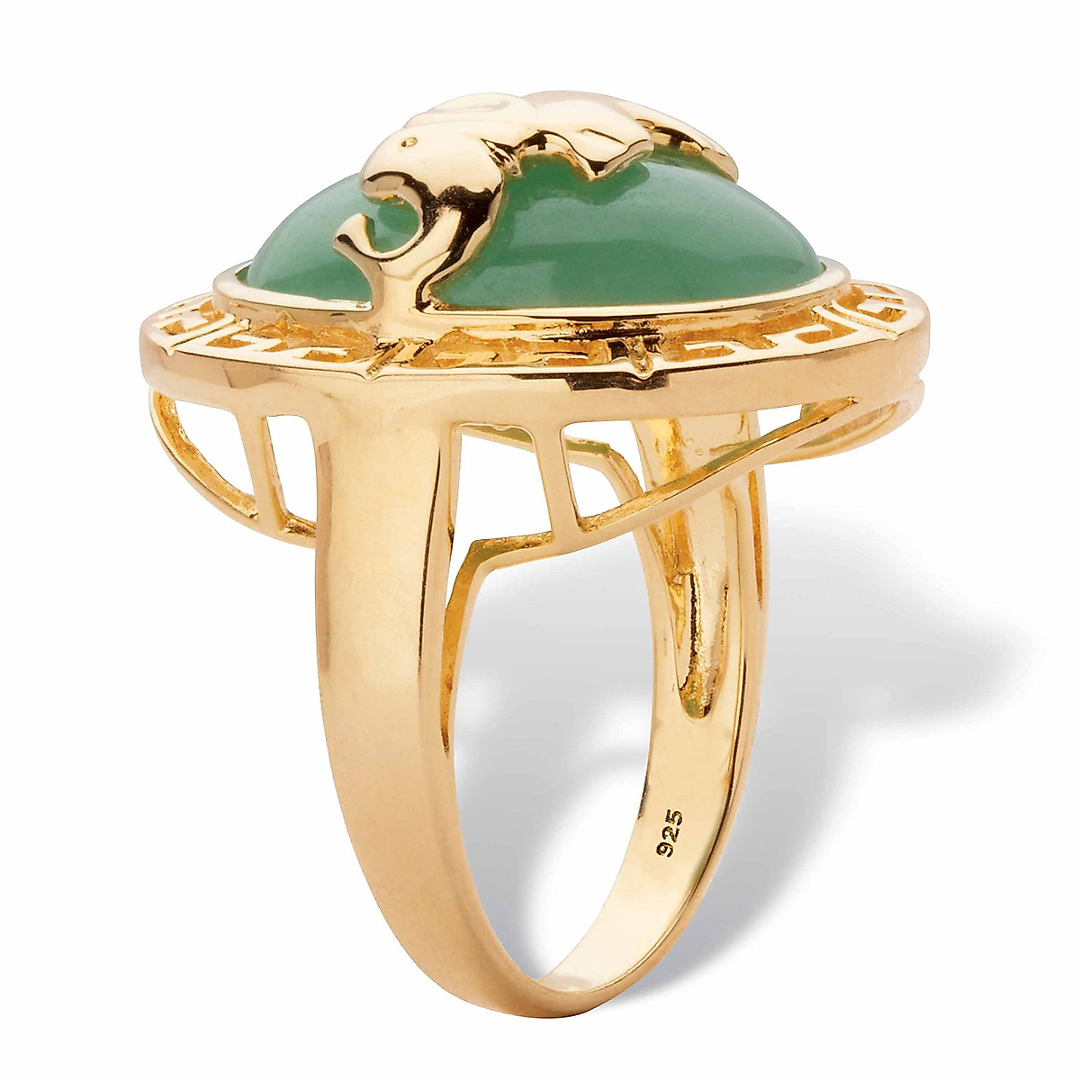 PalmBeach Yellow Gold-plated Sterling Silver Oval Shaped Genuine Green Jade Elephant Ring Sizes 6-10 Size 10