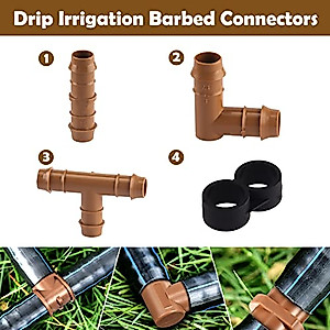 28PCS 1/2 in Drip Irrigation Fittings Kit, Irrigation Tubing Parts, Barbed Connector Include 10 Couplings, 6 Tees, 6 Elbows, 6 End Caps, Drip Line Connectors for Garden Drip or Sprinkler System