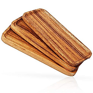 11.8 Inch Solid Wood Serving Platters and Trays Set of 3 Highly Durable Dishwasher Safe Rectangular Party Plates Avoid Sliding and Spilling Food with Easy Carry Grooved Handle Design
