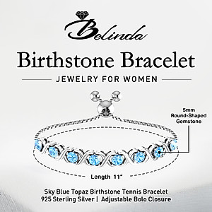 Belinda Jewelz - Birthstone Bangle Bracelet, Birthstone Bracelets for Women with 8 Round Stones, 925 Sterling Silver Adjustable Bracelet, Blue Topaz Birthstone Jewelry with Bolo Closure, 11”
