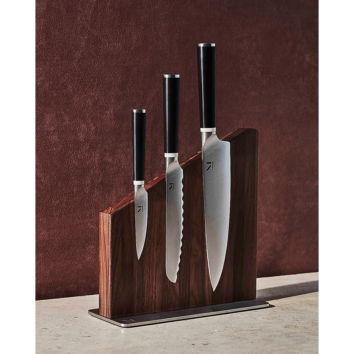 Material - Magnetic Knife Block Set - Kitchen Knife Set - Knife Block, 8" Chef Knife, 6" Serrated Bread Knife, 4" Paring Knife, Walnut/Almost Black
