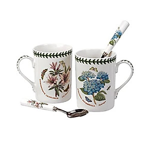 Portmeirion Botanic Garden Mug and Teaspoon Set | Azalea & Hydrangea Floral Motifs | 4 Piece Mug and Spoon Set | 11 Oz Mugs and 6” Teaspoons | Made from Ceramic and Stainless Steel