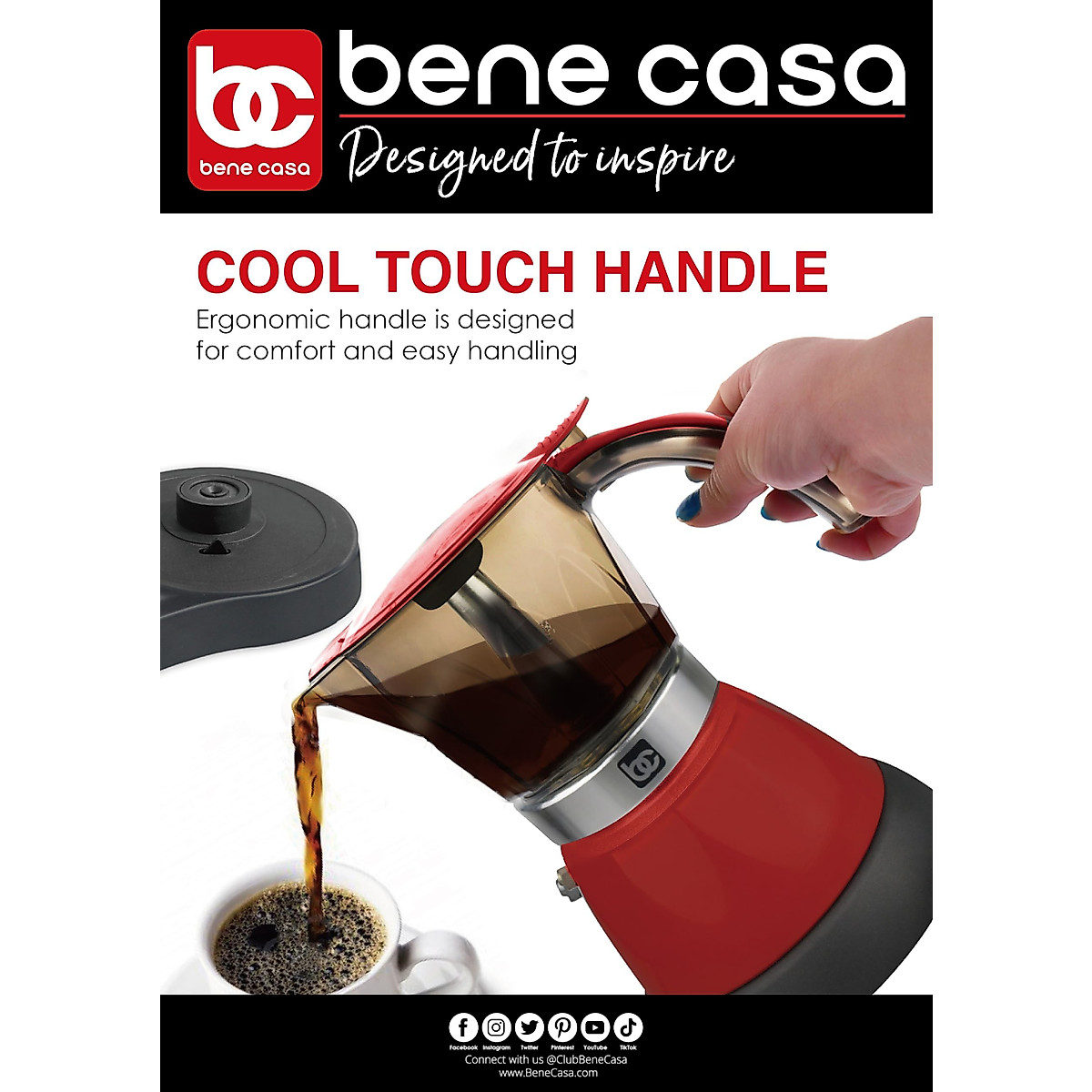Bene Casa - Electric Espresso Maker 1-3 Cup Red, Cafetera Electrica Roja de 3 Tasa Model BC-95514.