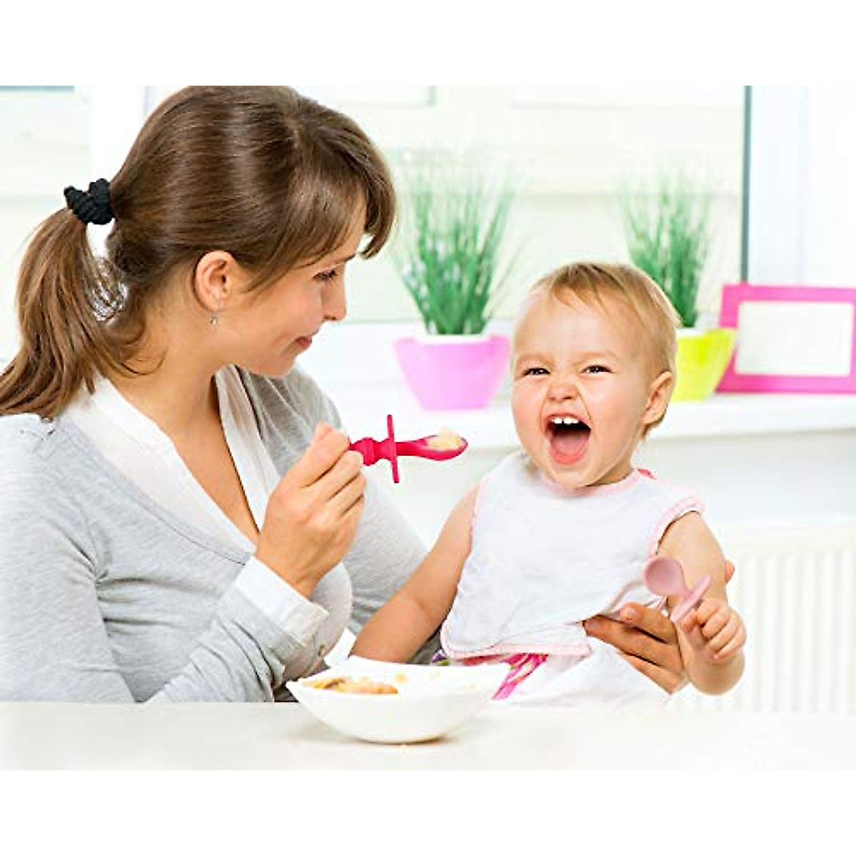 Silicone Baby Spoons for Baby Led Weaning 2-Pack, First Stage Baby Feeding Spoon Set Gum Friendly BPA Lead Phthalate and Plastic Free, Great Gift Set (Pink)