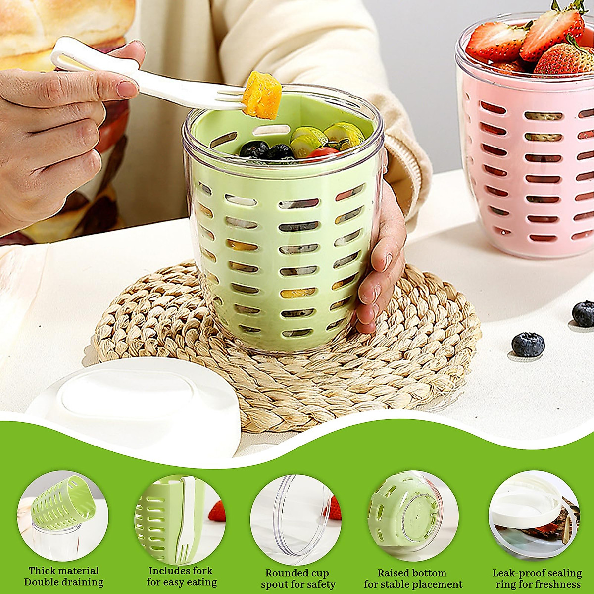 MdakeGo 20oz Fruit Salad Storage Cup with Lids and Fork, Reusable Plastic Fruit Storage Containers for fridge with Drain Baskets, BPA-Free & Leak-Proof, Keep Fruits, Vegetables Fresh Longer (Green)