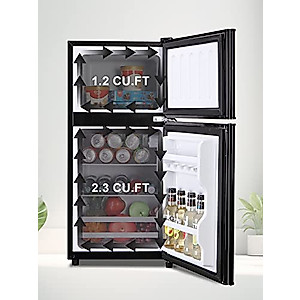 KRIB BLING Refrigerator with Freezer, 3.5 Cu.Ft Mini Fridge,Lock Fresh,7 Level Adjustable Thermostat ct for Dorm, Bar, Office,Kitchen, Bedroom,Black