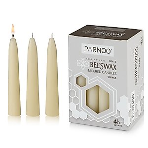 PARNOO 100% Natural White Beeswax 5 Inch Tall Tapered Candles, 4 Hours Burn time - Pack of 12 (Dripless and Smokless)