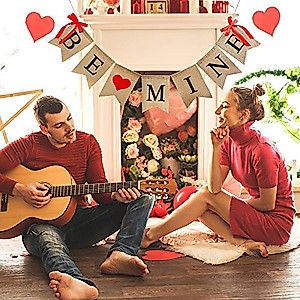 Valentines Day Burlap Banner, Valentines Decor for Home, Be Mine Hanging Banner & 28 Pcs Felt Heart Garland Banner Decor for Mantle Fireplace Wall, Decorations Pre-Assembled - No DIY Required