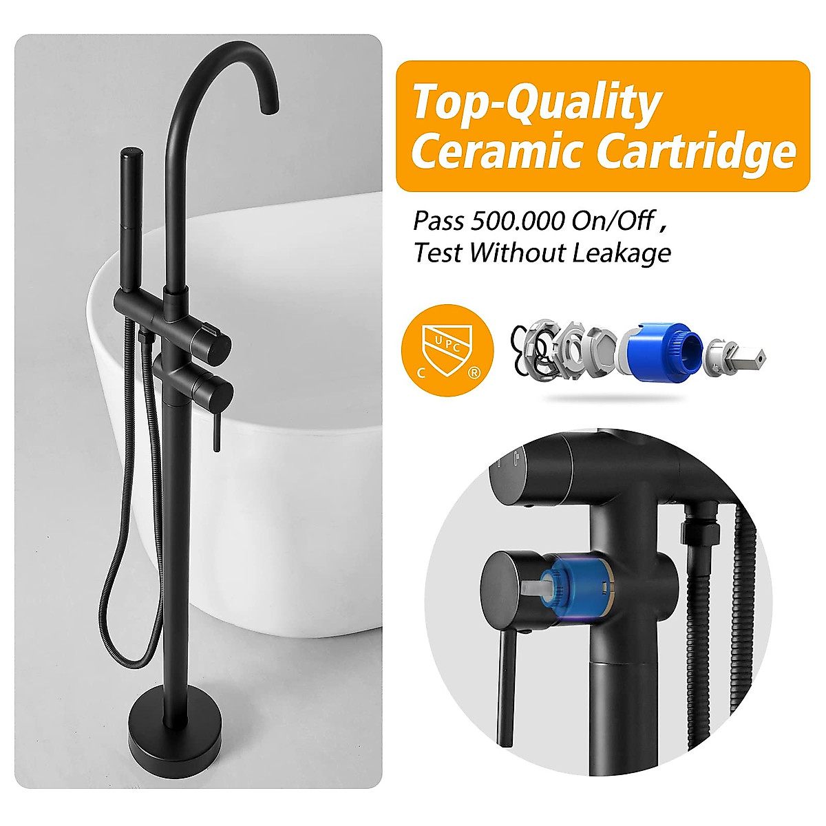 BESy Freestanding Bathtub Faucet Tub Filler Floor Mount Stand Brass Bathroom Tub Faucets with 2 Function Hand Shower Wand Swivel Spout, Matte Black Finish