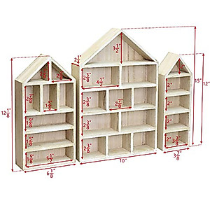Ikee Design House-Shaped Wooden Shadow Cubby Box Display Shelf Organizer Storage Shadow Box for Mini Figures, Set of 3, Wash White Color, 10" W x 2 1/4" D x 15" H