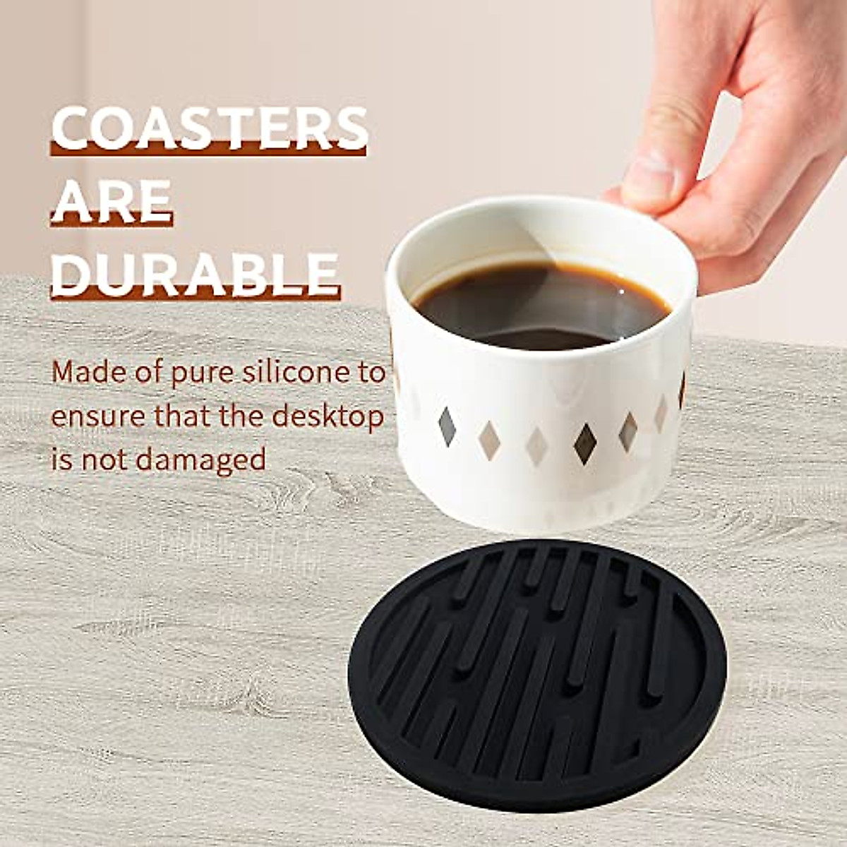 Ouzoustate Coasters for Drinks Set of 6,Silicone Coasters for Coffee Table with Holder,Thickened,Easy to Clean,Non-Slip for Wooden Table,Bar,Fits Any Size of Cup (Black)