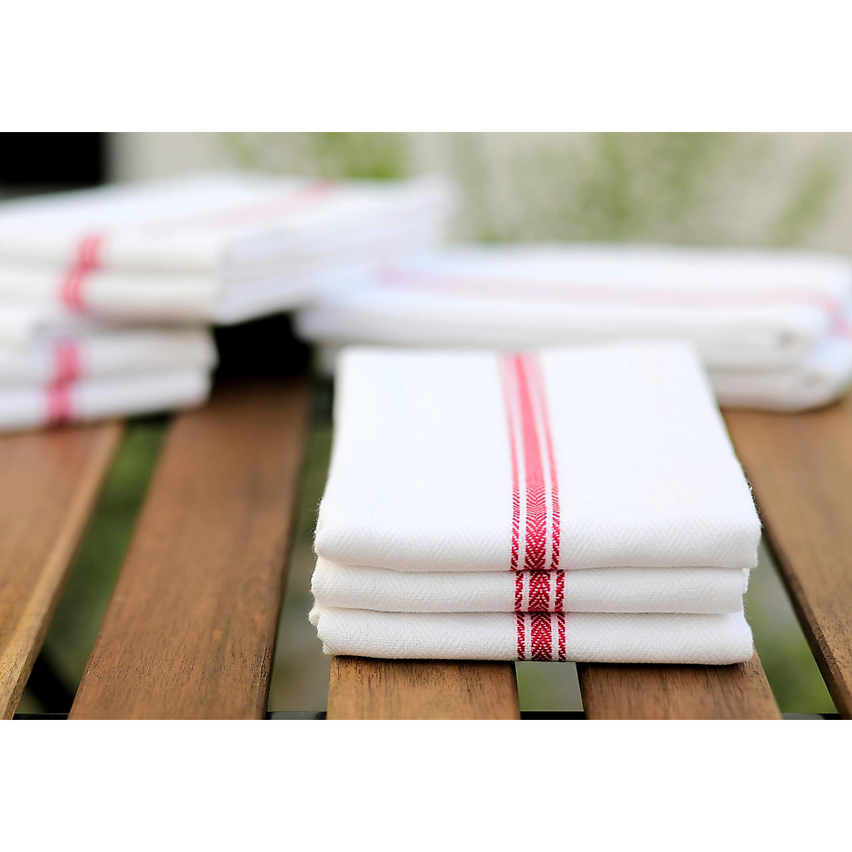 AMOUR INFINI Cotton Herringbone White Dish Towels Set of 12 - Highly Absorbent, Super Soft Tea Towel with Hanging Loops - Extra Large Quick Dry Bar Towel (16x28 Inch - Red)