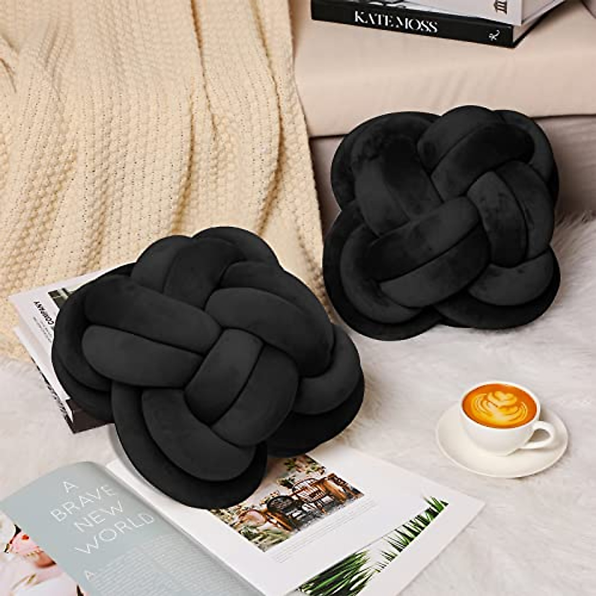 Nuenen 2 Pcs Knot Pillow Ball 12 Inch Flower Creative Knotted Throw Pillows Decorative Sofa Lumbar Pillow Floor Pillow Cushion for Home Bed Couch Car Office Decor Household(Black)