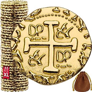Leib Games Premium Metal Pirate Coins -35 X Large Pirate Gold Coins for Kids, Fake Gold Coins, DND Coins, Metal Coins, Fantasy Coins, Tokens - Diameter: 1.18"