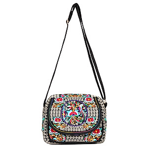 Vintage Embroidery 6.5" Canvas 3 zip Small Crossbody Bag Cell Phone Pouch Wallet Bag Coin Purse for Women (Black + Flower)