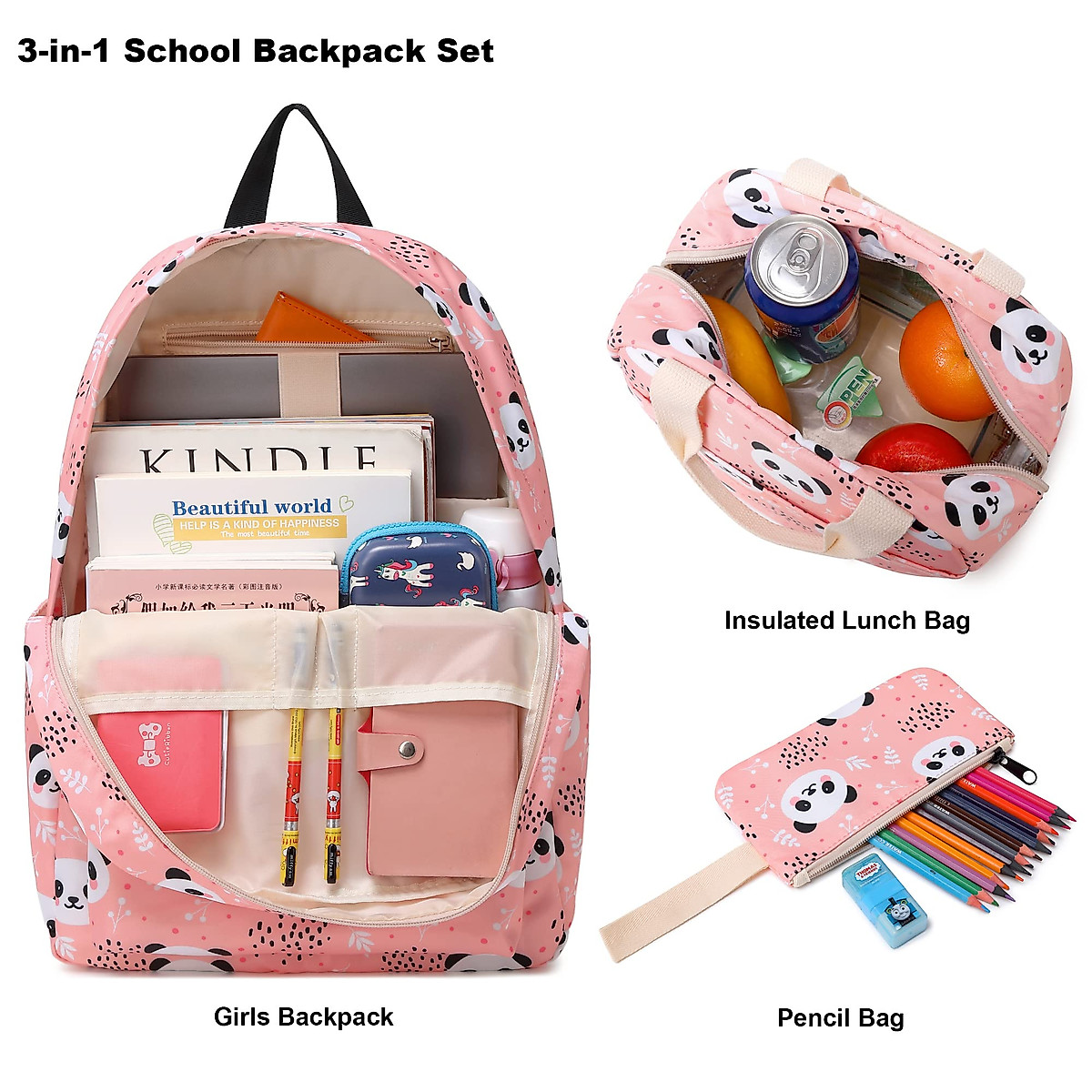 Panda Girls School Backpacks for Kids Teens, 3-in-1 School Bag Bookbags Set with Lunch Bag Pencil Case (Pink)