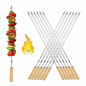 Large Size Kabob Skewers 22 inch Flat Metal BBQ Barbecue Skewer Wooden Handle Stainless Steel Shish Kabob Stick Wide Reusable Grilling Set Meat Shrimp Chicken Vegetable Kebab Fork Sausage-12PCS