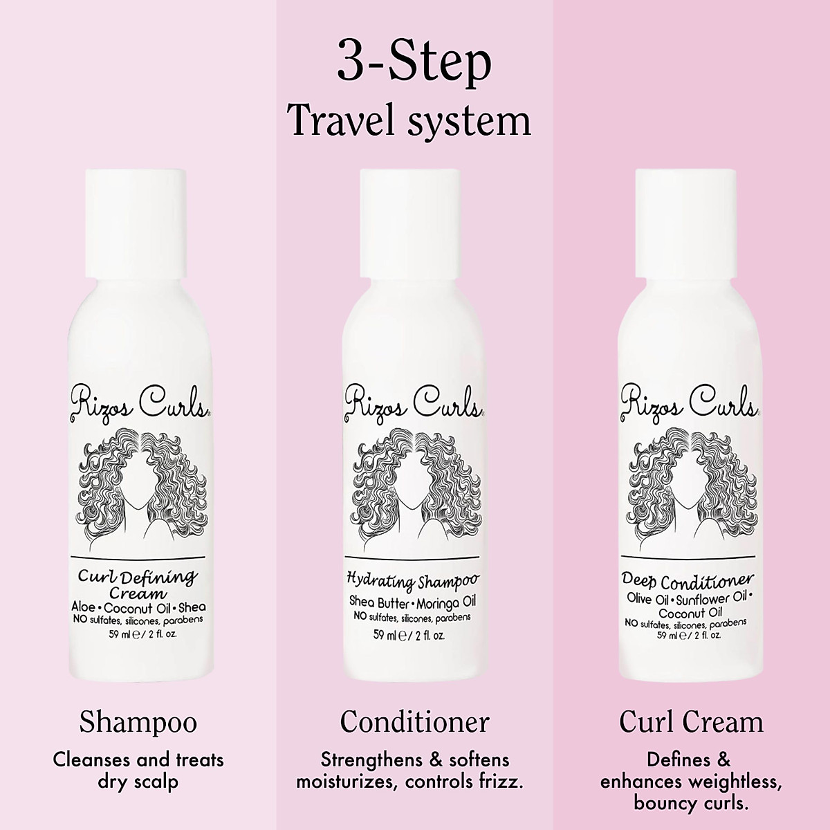 Rizos Curls Trio Travel Curl Kit, Includes Travel Hydrating Shampoo, Travel Deep Conditioner, Travel Curl Cream, Gently Cleanse, Hydrate and Style, For All Curl Patterns 2a - 4c, 3 pack of 2 oz