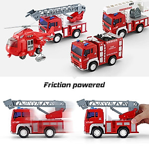 KeepRunning 4 Pack Friction Powered City Fire Rescue Vehicle Truck Car Set Including Helicopter, Boom Lift Truck,Ladder Fire Truck, and Fire Engine, with Light and Sounds/Sirens