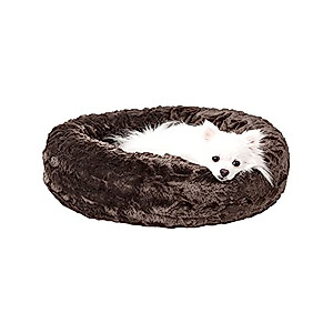 Veehoo Calming Dog Bed & Cat Bed, Anti-Anxiety Small Dog Beds for Medium Dogs, Washable Donut Round Pet Bed with Fluffy Faux Fur for Puppy and Kitten, 23x23 inch, Brown
