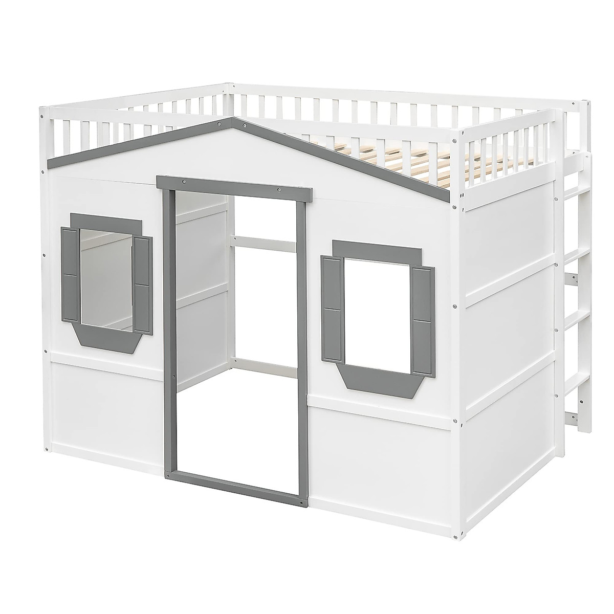 Full Size House Loft Beds Wood Loft Bed Frame with Window and Wall Fun Playhouse Bed with Ladder for Kids Boys Girls Teens, White with Gray