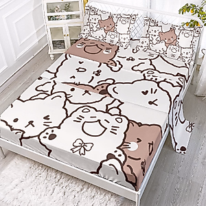 CVHouse Kawaii Cat Bed Set Sheets Full Size,Kawaii Cartoon Cat Bedding Sets for Girls Kids Teens,Cute Cat Fitted Sheet Sets,1 Flat Sheet & 1 Fitted Sheet with 2 Pillow Cases - 4 Pieces