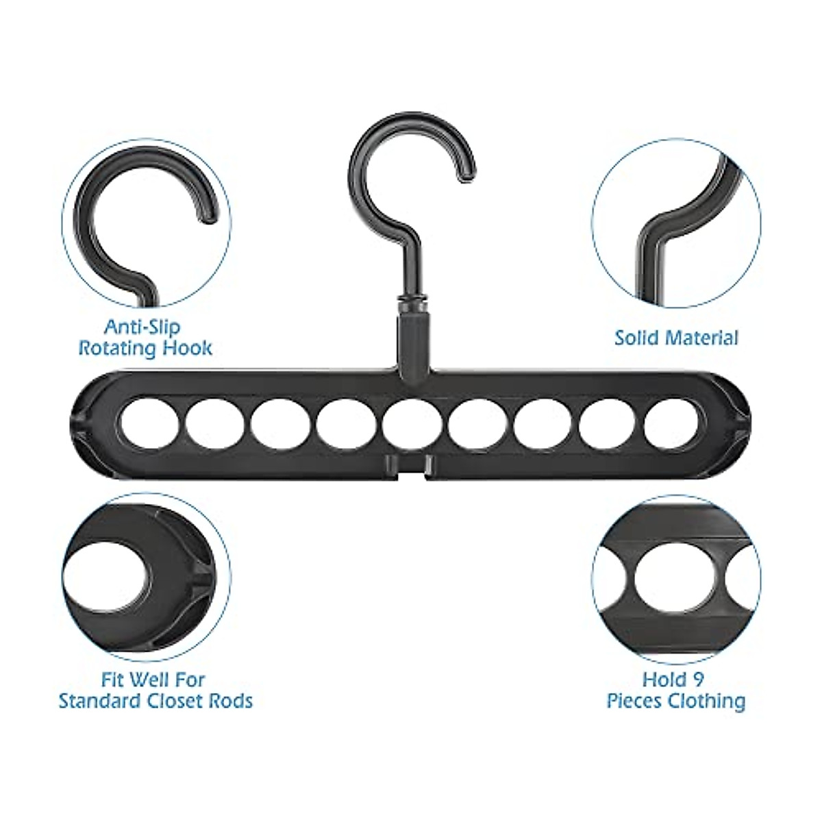 Magic Hangers, 10 Pack Black Hangers, Clothes Hangers, Closet Organizers and Storage, Hangers Space Saving, Non-Slip Hangers, Multifunctional Storage Plastic Hangers with 9 Slots, Dorm Room Essentials