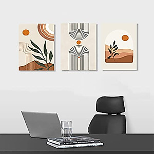 Boho Wall Art Set of 3, Mid-Century Modern Wall Prints Framed Canvas Paintings Minimalist Abstract Geometric Beige Orange Moon Plant Desert Nature Illustrations Artwork, Boho Wall Decor Ready To Hang for Living Room Bedroom Bathroom Office(12"x16")