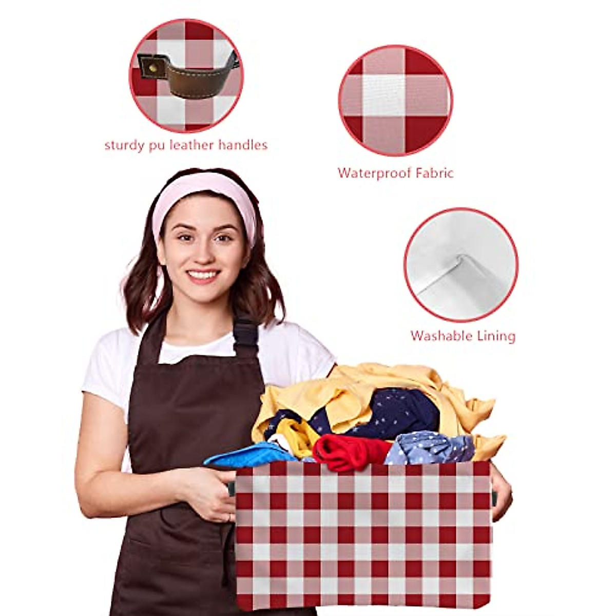 Farmhouse Buffalo Plaid Retro Red Pink White Cube Storage Organizer Bins with Handles, 15x11x9.5 Inch Collapsible Canvas Cloth Fabric Storage Basket, Books Kids' Toys Bin Boxes for Shelves, Closet