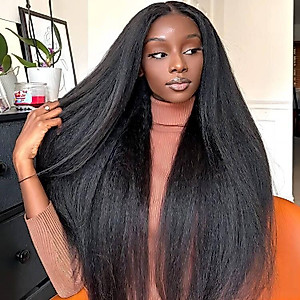 Alidiamond Kinky Straight Human hair Wig 13X4 Kinky Straight Wig Human Hair PrePlucked with Baby Hair 180% Density Yaki Straight Human Hair Wig 18 Inch Brazilian Remy Hair for Women