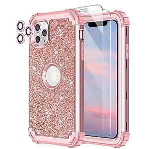 LONTECT for iPhone 11 Pro Max Case Glitter Sparkly Bling 3 in 1 Shockproof Heavy Duty Full Body Sturdy Protective Case for Apple iPhone 11 Pro Max with 2 Screen Protector+2 Camera Protector,Rose Gold