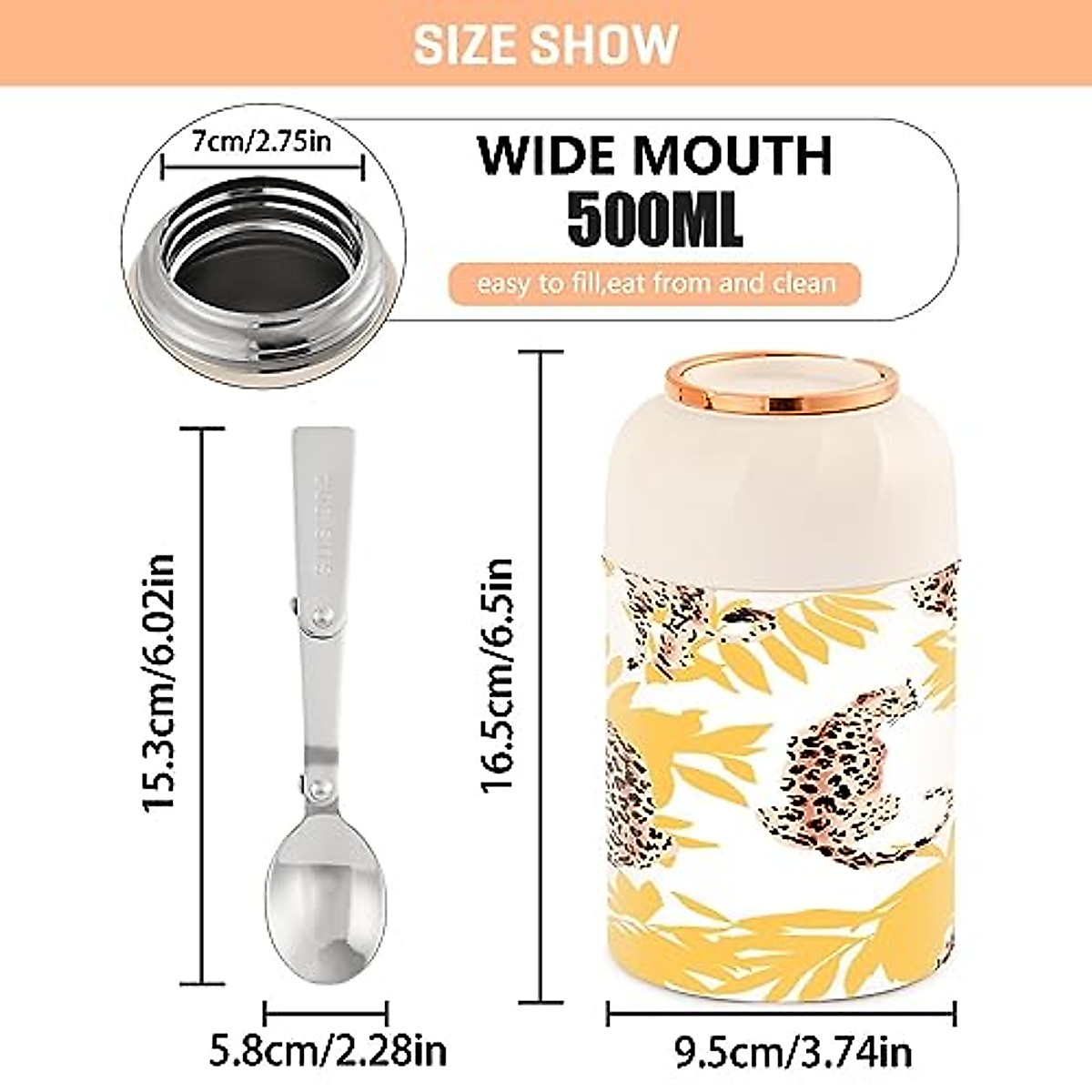 CUPADA Tropical Jungle Leopards Food Jar for Hot and Cold, Insulated Food Jars Vacuum 17OZ with Folding Spoon for Work Trip Picnic Camping