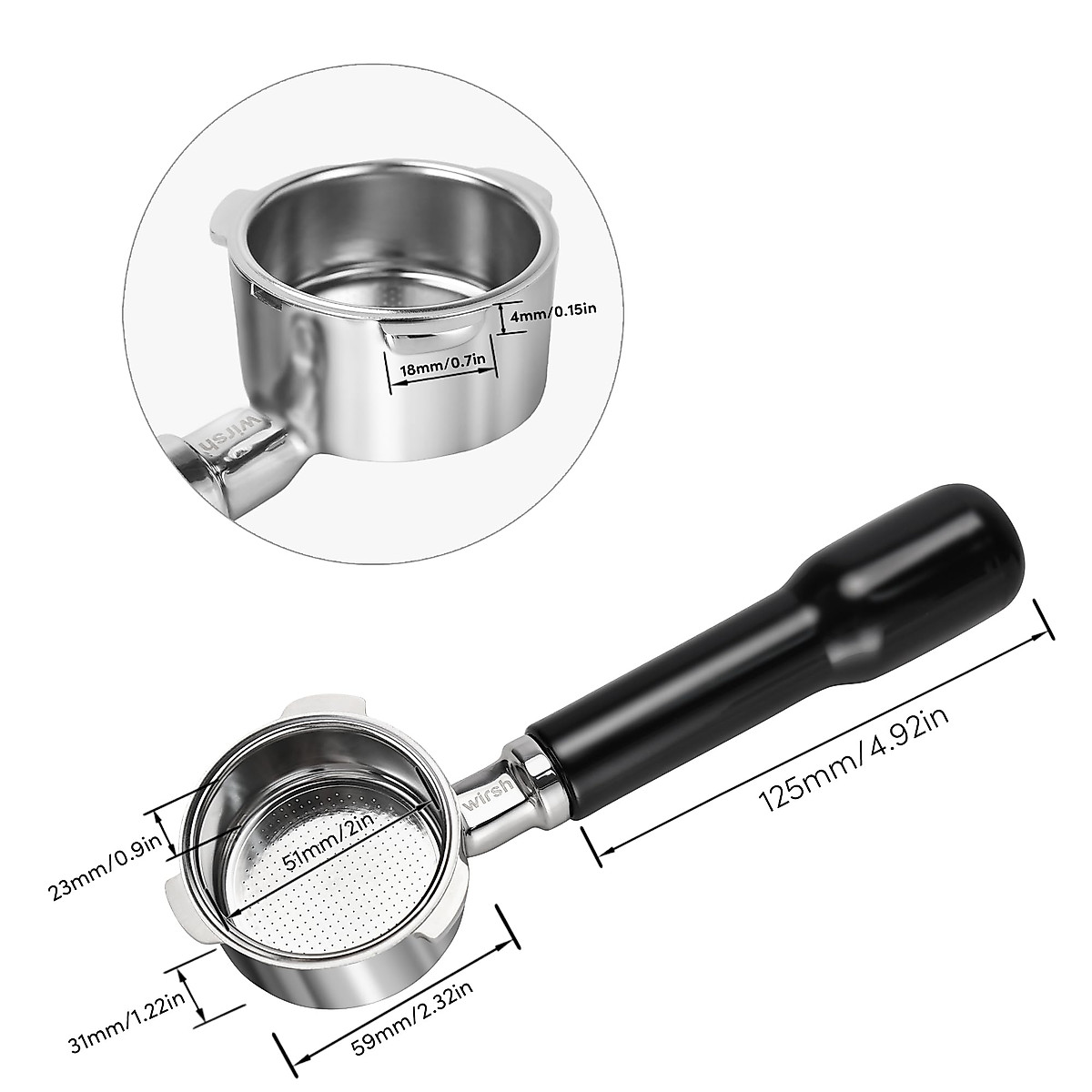 51mm Bottomless Portafilter, Wirsh 3 Ears Full Stainless Steel Bottomless Naked Portafilter with Non-Pressurized Filter Basket for Wirsh Espresso Machine CM5418, CM1665