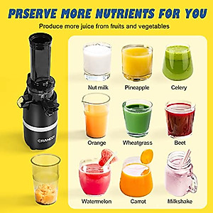 CRANDDI Super Mini Juicer Machines, 110v, 100w Slow Masticating Juicer Easy to Clean, Cold Press Juice Extractor with Brush and Reverse Function for Fruit Vegetable Juice, M-228 Black