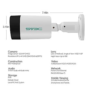 SV3C 4K POE IP Camera Outdoor POE Cam with Motion Detection, Night Vision, Metal Shell IP67 Waterproof, One-Way Audio, H265, H264, Support Danale APP, Bule Iris, RTSP, Onvif Conformant, Cloud Storage