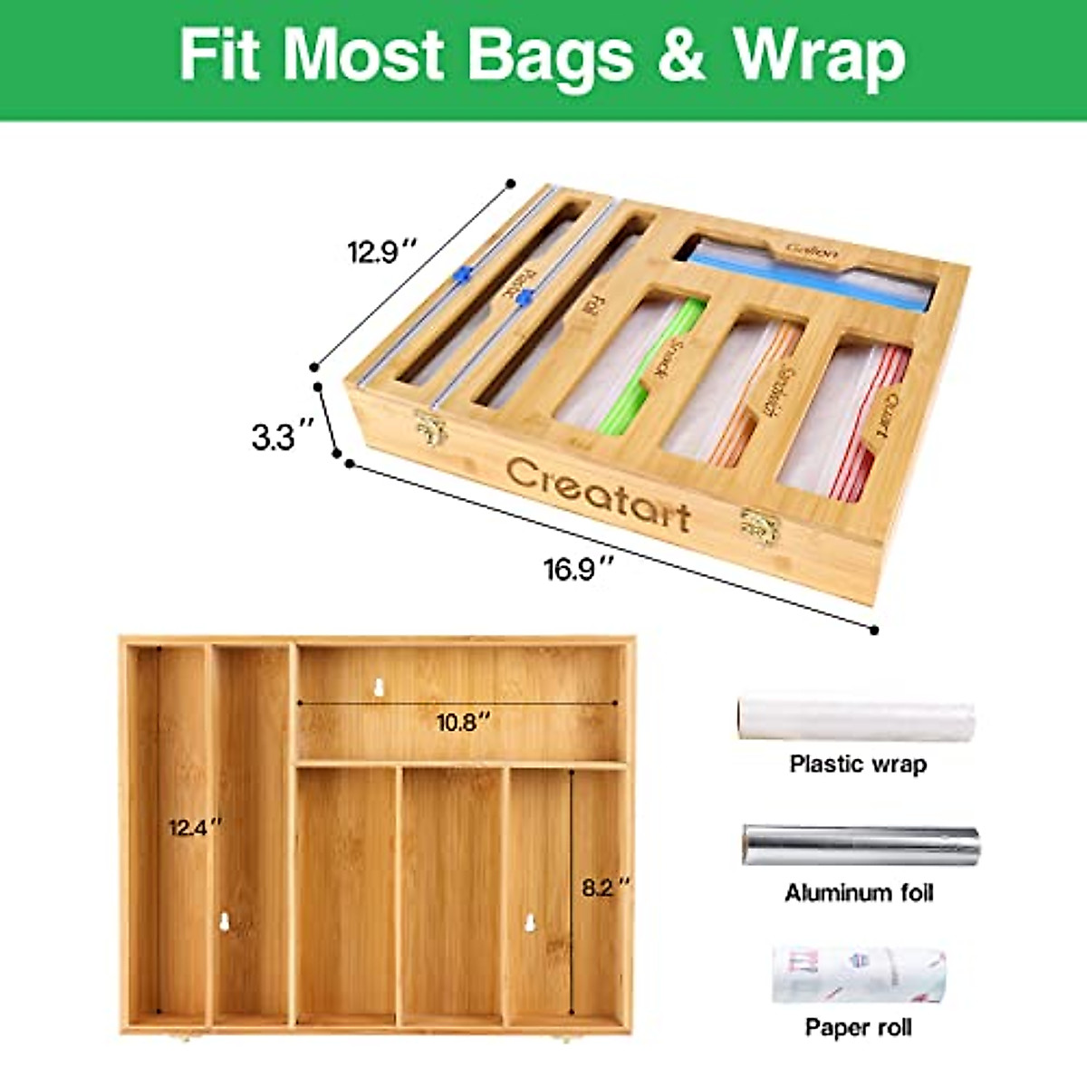 Creatart Bamboo Foil and Plastic Wrap Dispenser with Cutter 6 in 1 Ziplock Bag Storage Organizer for Drawer 12" Food Storage Bag Organizer for Gallon, Quart, Sandwich and Snack
