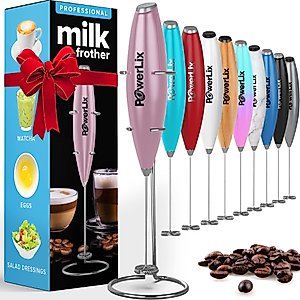 PowerLix Powerful Handheld Milk Frother With Stand Battery Operated Foam Maker Frother Wand For Coffee (A Black) (Light Pink)
