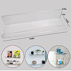 Acrylic Floating Shelves 15" Clear Wall Mounted Storage Shelf Display Shelves Bookshelf Spice Rack for Office Kitchen, 2 Pack 15 Inches