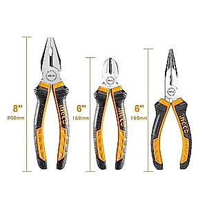 INGCO Pliers Tool Set, 3pcs Small Plier Set, 8 Inch Combination Pliers, 6 Inch Diagonal Cutting Pliers, 6 Inch Needle Nose Pliers HKPS08318