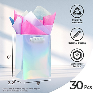 UnicoPak Iridescent Gift Bags, 30 Pcs Small Size 6x3.2x8 Inch Cardboard Paper with Waterproof Glossy Finish, Party Favor Bags for Birthday, Wedding, Bridal Shower