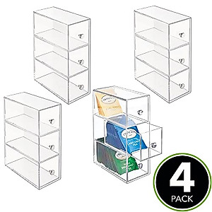 mDesign Plastic Kitchen Pantry Stackable Storage Organizer Container Station with 3 Drawers for Cabinet, Countertop, Holds Coffee, Tea, Sugar Packets, Creamers - Lumiere Collection - 4 Pack - Clear