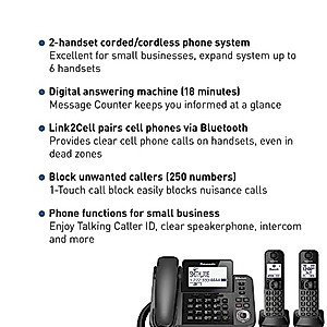 PANASONIC Bluetooth Corded / Cordless Phone System with Answering Machine, Enhanced Noise Reduction and One-Touch Call Block - 2 Handsets - KX-TGF382M (Metallic Black)